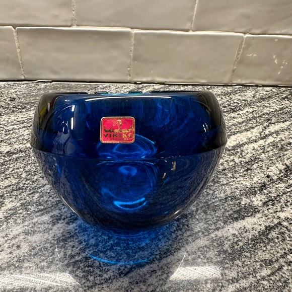 Other | Vtg Viking Thick Heavy Art Glass Orb Sphere Ashtray Cobalt Blue ...
